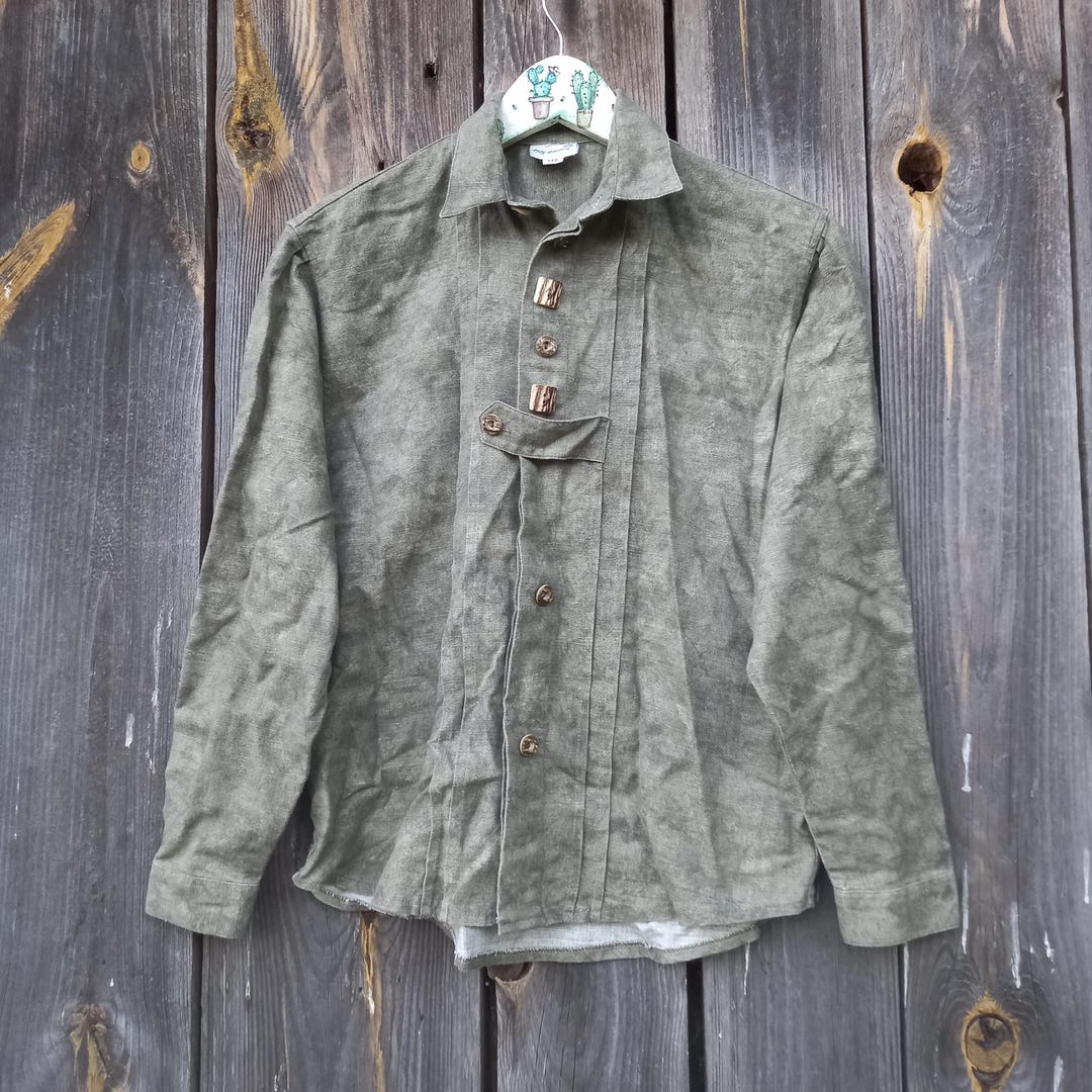 Vintage Austrian Trachten Shirt: Green Linen Blend, Bavarian ...