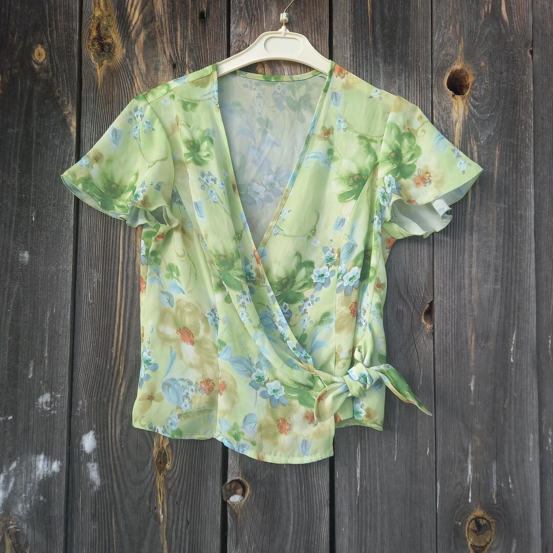 Blusa floral de los años 00 para mujer, top verde Y2K con mangas con ...