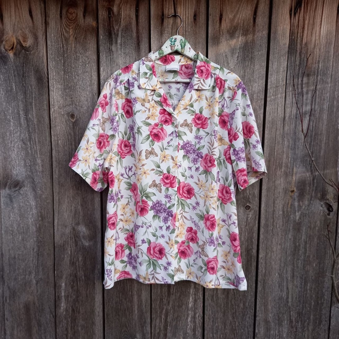 90s Roses Blouses Women Vintage Summer Pink Flowers Shirt Short Sleeve ...