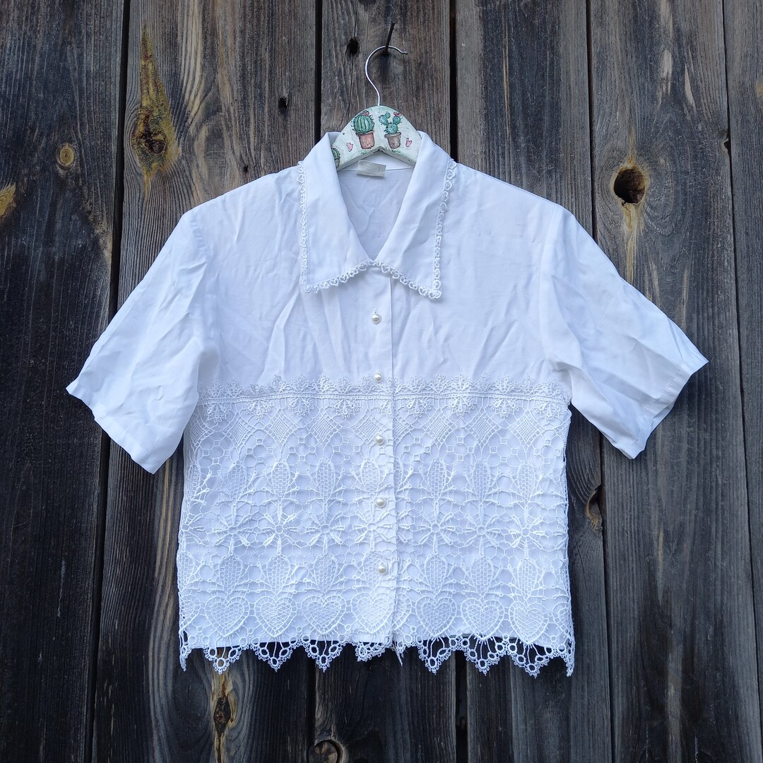 90s Lase White Blouse for Women Vintage Top Summer Party Shirt Office ...