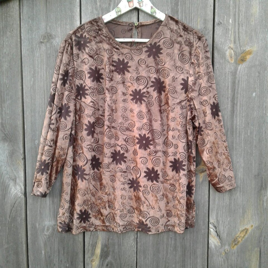 2000s Blouses Women Velvet Brown Floral Burnout 3/4 Sleeve Y2k Party ...