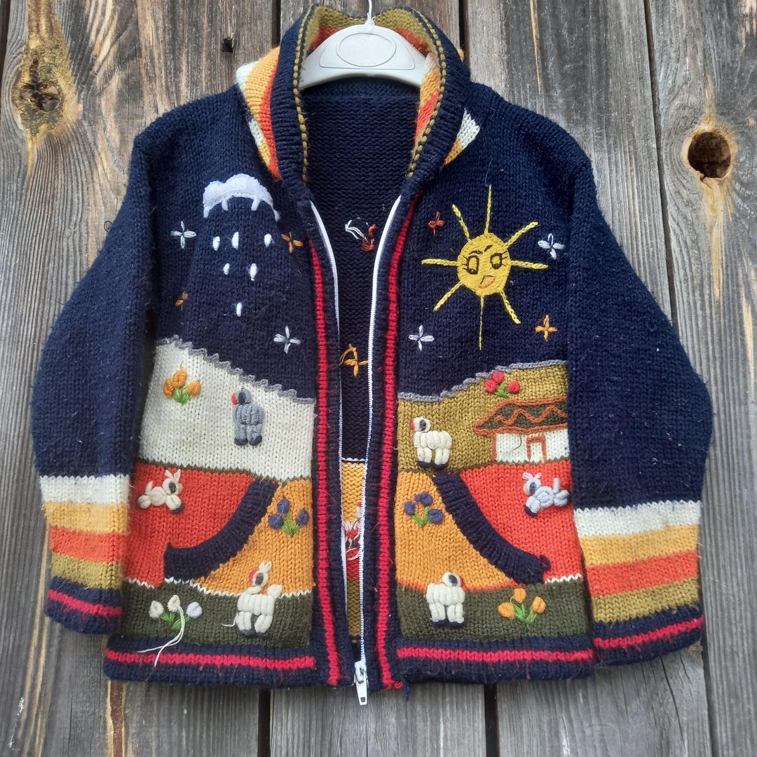 Vintage 1990s Peruvian Wool Sweater | Hand-knitted Andean Cardigan With ...