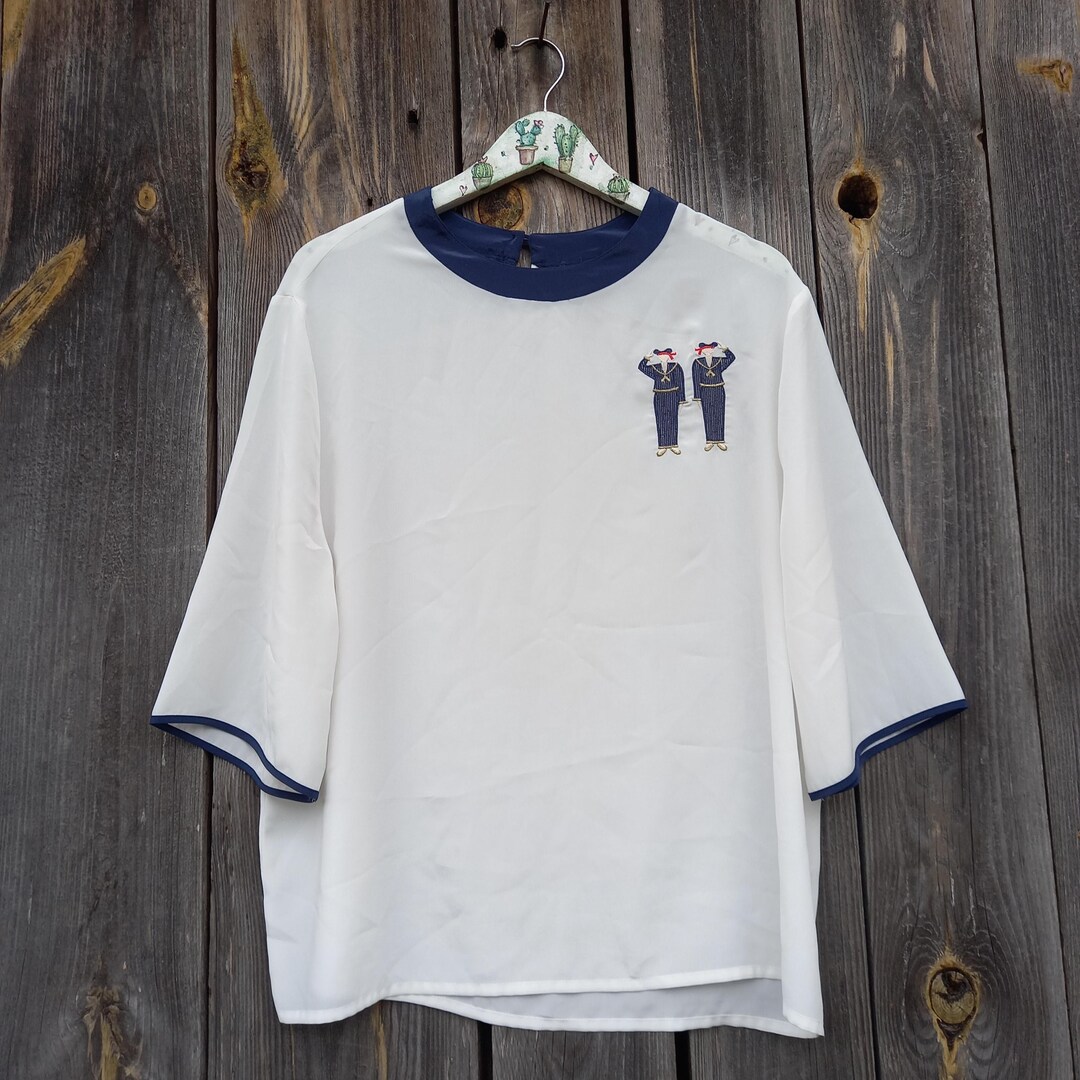 90s White Blouses Women Nautical Mod Vintage Sailor Shirt Womens ...