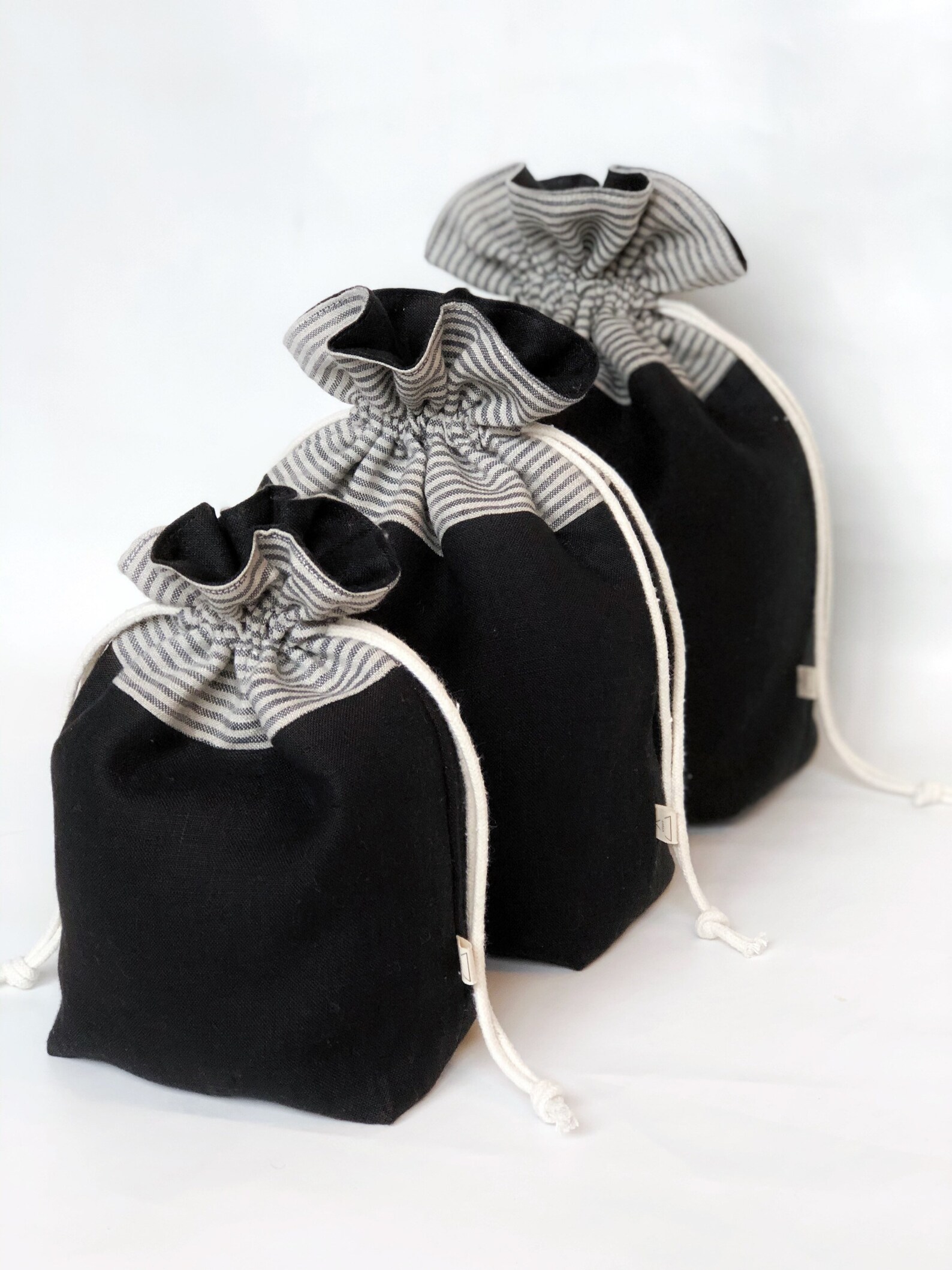 Zero Waste Black Linen Drawstring Bags, Set of Drawstring Bags ...