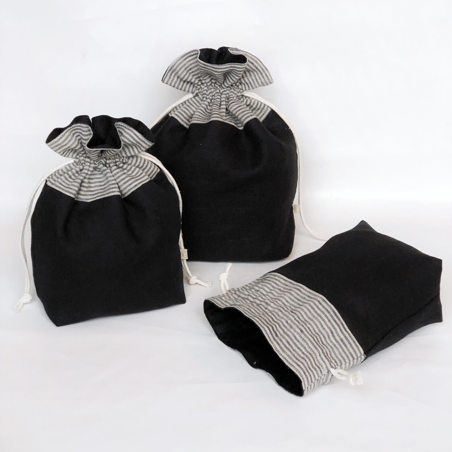 Zero Waste Black Linen Drawstring Bags, Set of Drawstring Bags ...