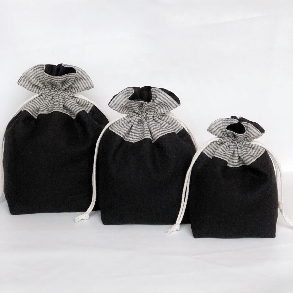 Zero Waste Black Linen Drawstring Bags, Set of Drawstring Bags ...
