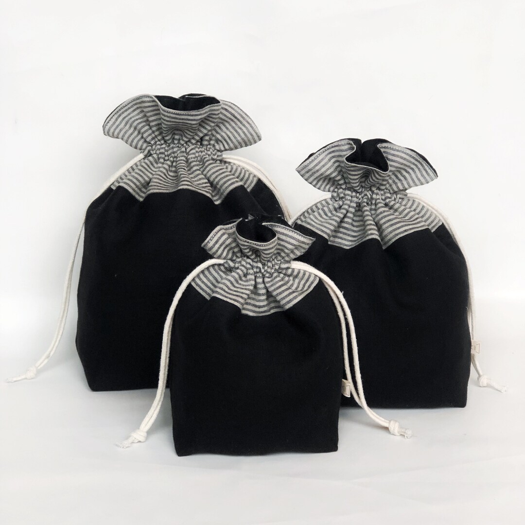 Zero Waste Black Linen Drawstring Bags, Set of Drawstring Bags ...