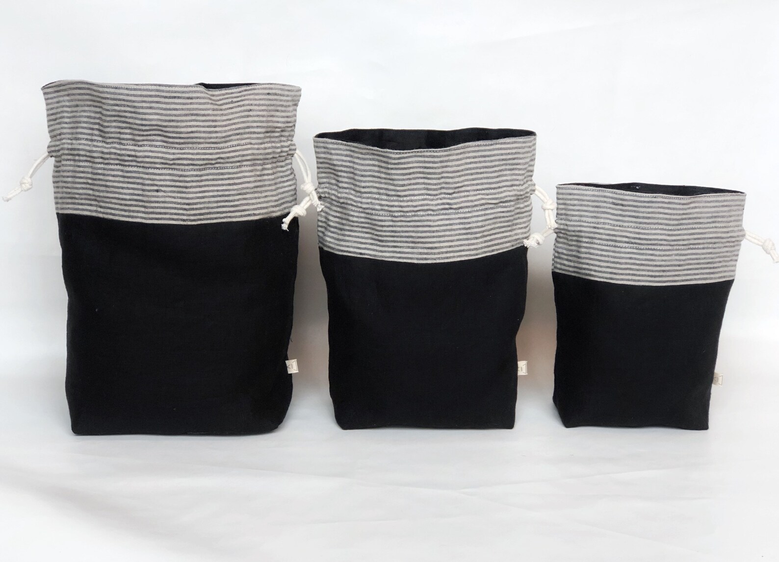 Zero Waste Black Linen Drawstring Bags, Set of Drawstring Bags ...