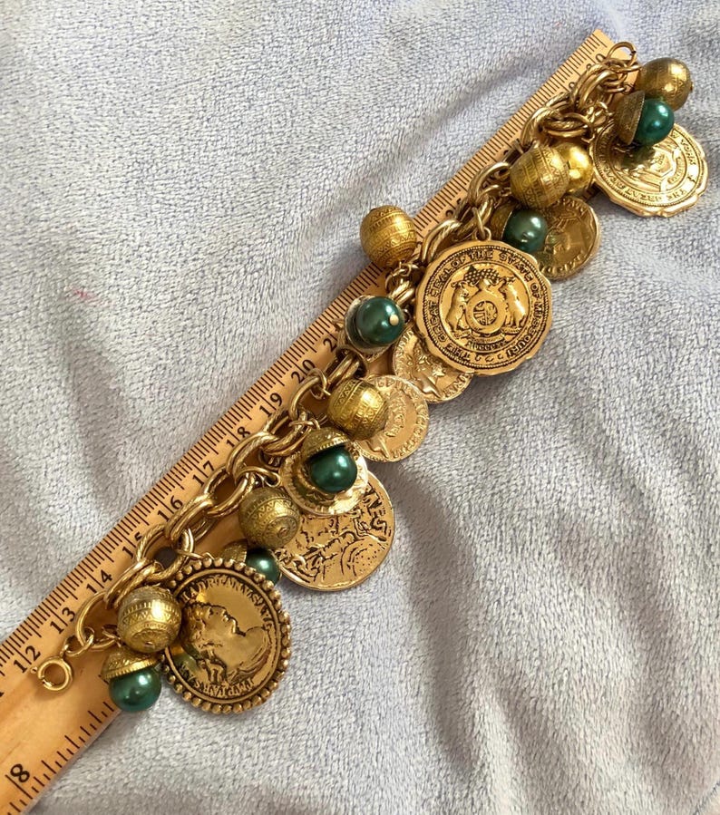Vintage 1970 Etruscan Faux Coin Green Acorn Charm Bracelet 7.5” - Etsy