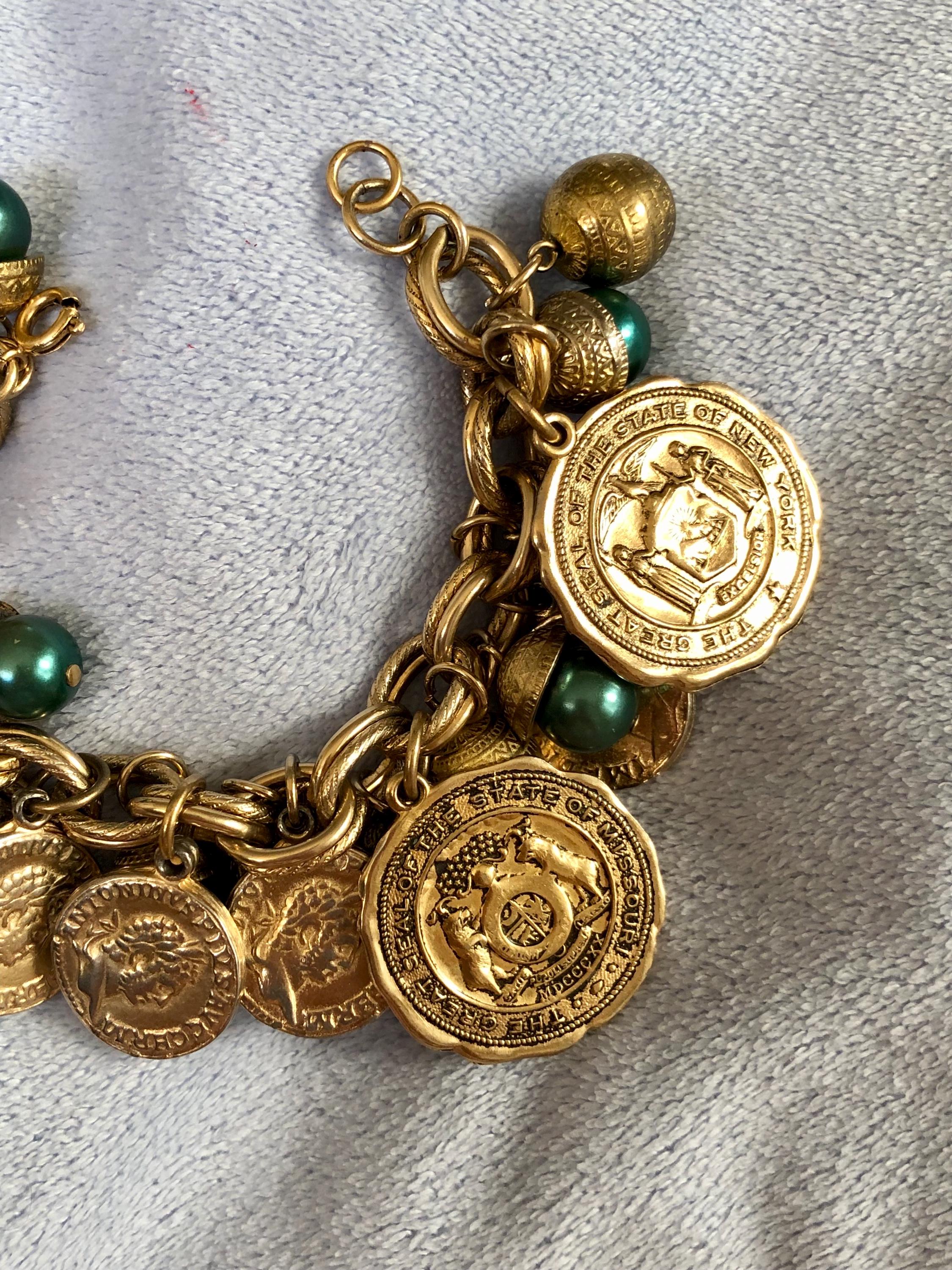Vintage 1970 Etruscan Faux Coin Green Acorn Charm Bracelet 7.5” - Etsy