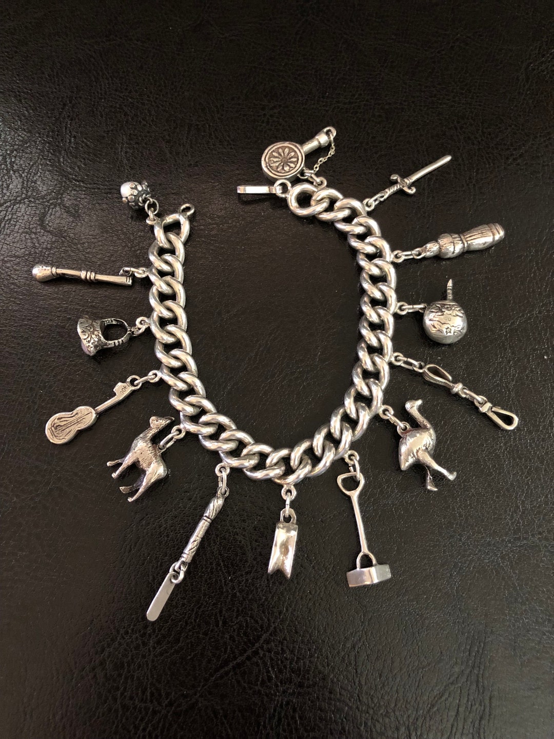 Antique 900 Silver Heavy Charm Bracelet Wide Chain Bracelet - Etsy