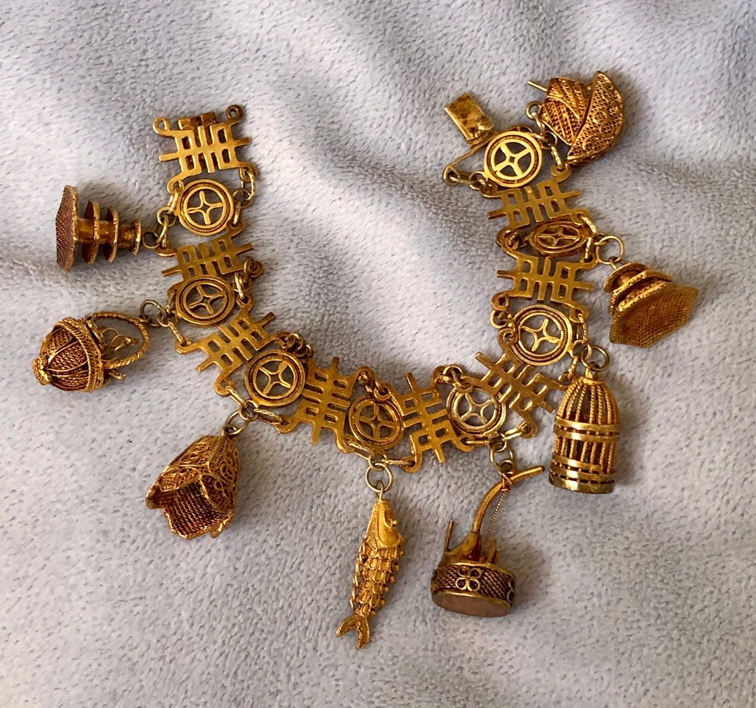 Asian Character Gilt Silver Charm Bracelet W/8 Filigree 3D Charms - Etsy