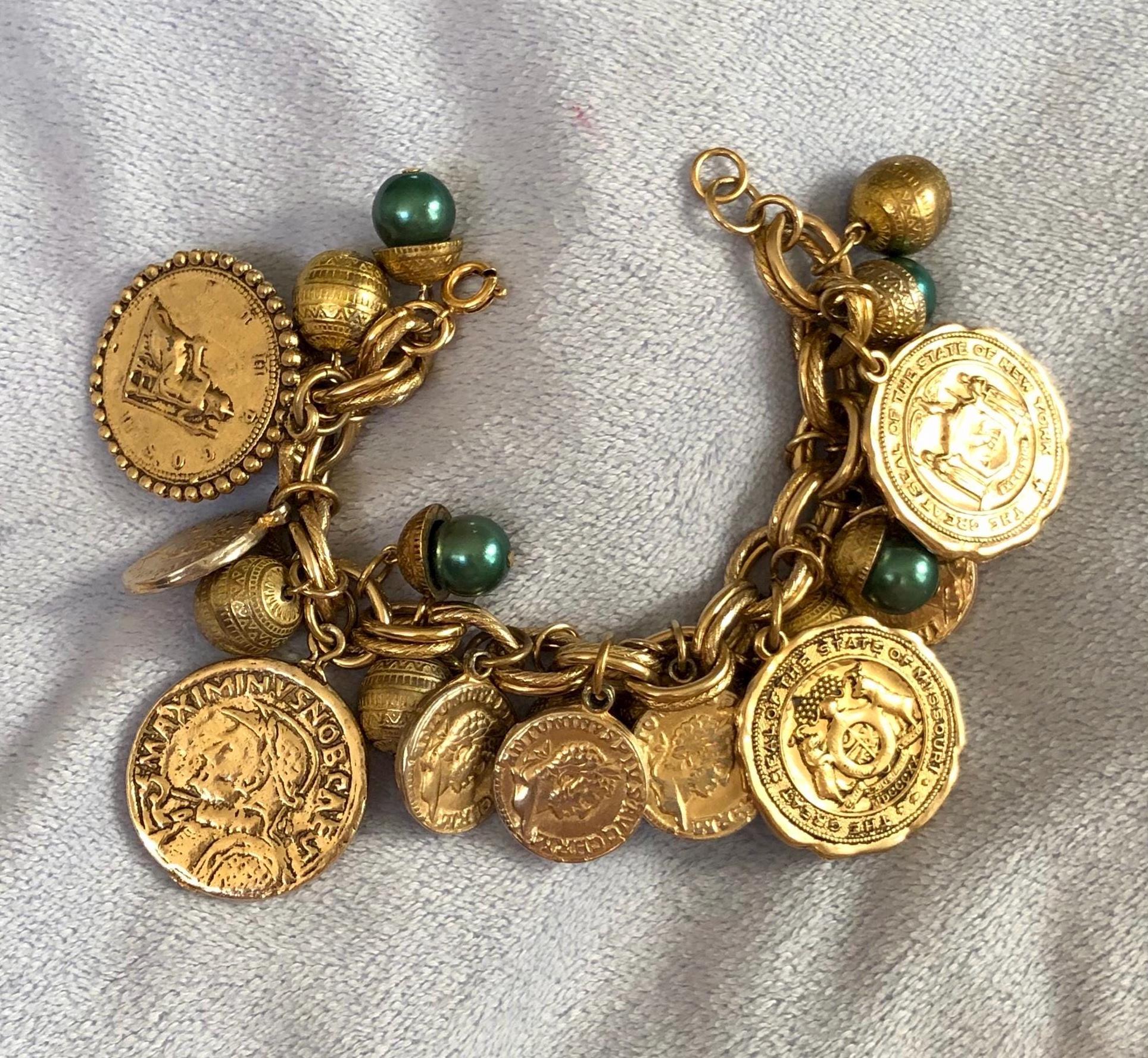 Vintage 1970 Etruscan Faux Coin Green Acorn Charm Bracelet 7.5” - Etsy