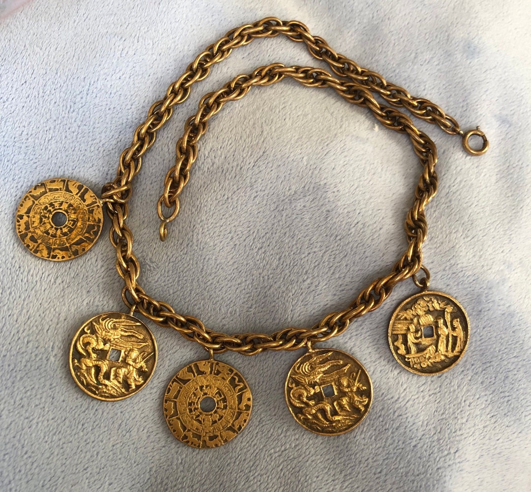 Art Deco Asian Story Teller Faux Coin Charm Necklace 16 Asian Faux Coin ...