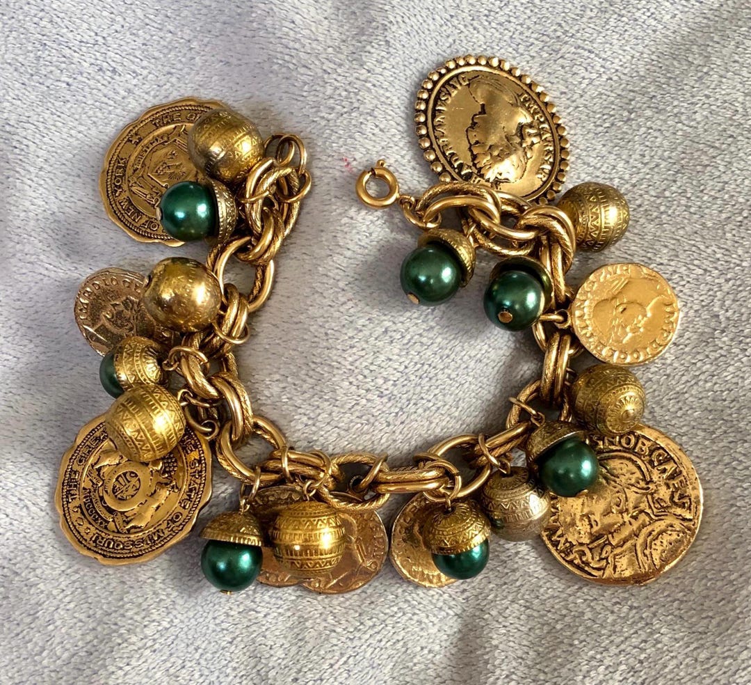 Vintage 1970 Etruscan Faux Coin Green Acorn Charm Bracelet 7.5” - Etsy
