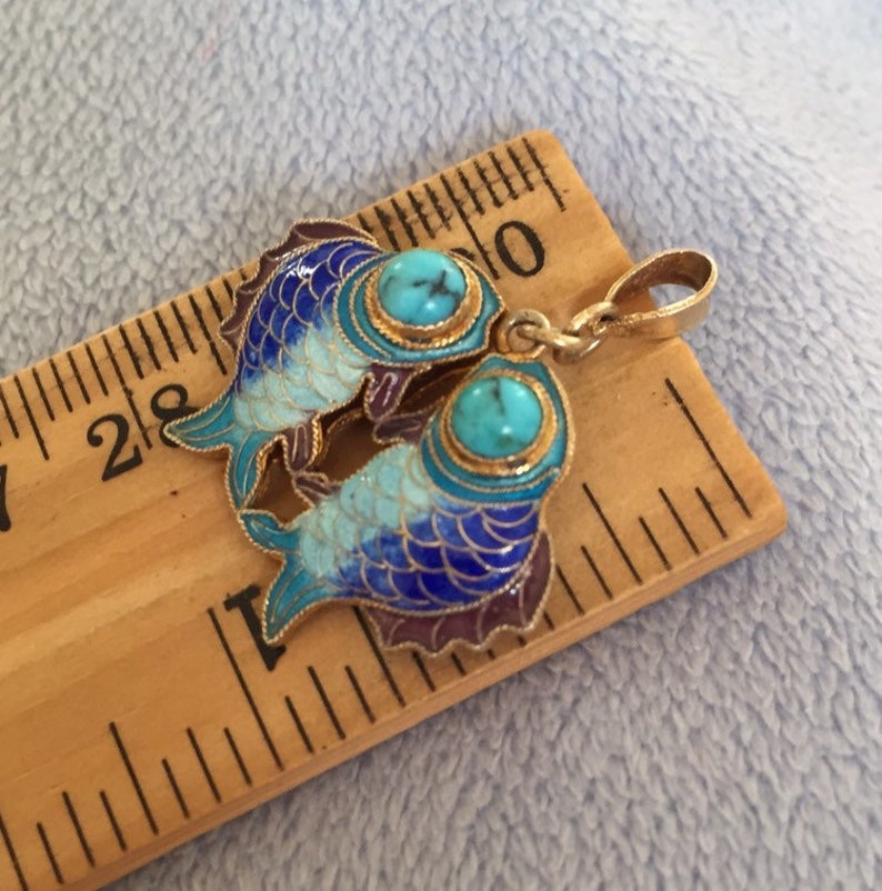 Chinese Export Turquoise Eyes Double Koi Fish 3D Pendant Gilded Silver ...
