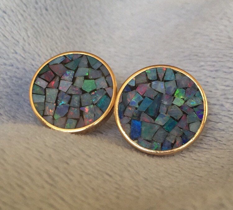 Vintage Australian Fire Doublet Opal Mosaic Inlay 14k Yellow Gold Stud ...