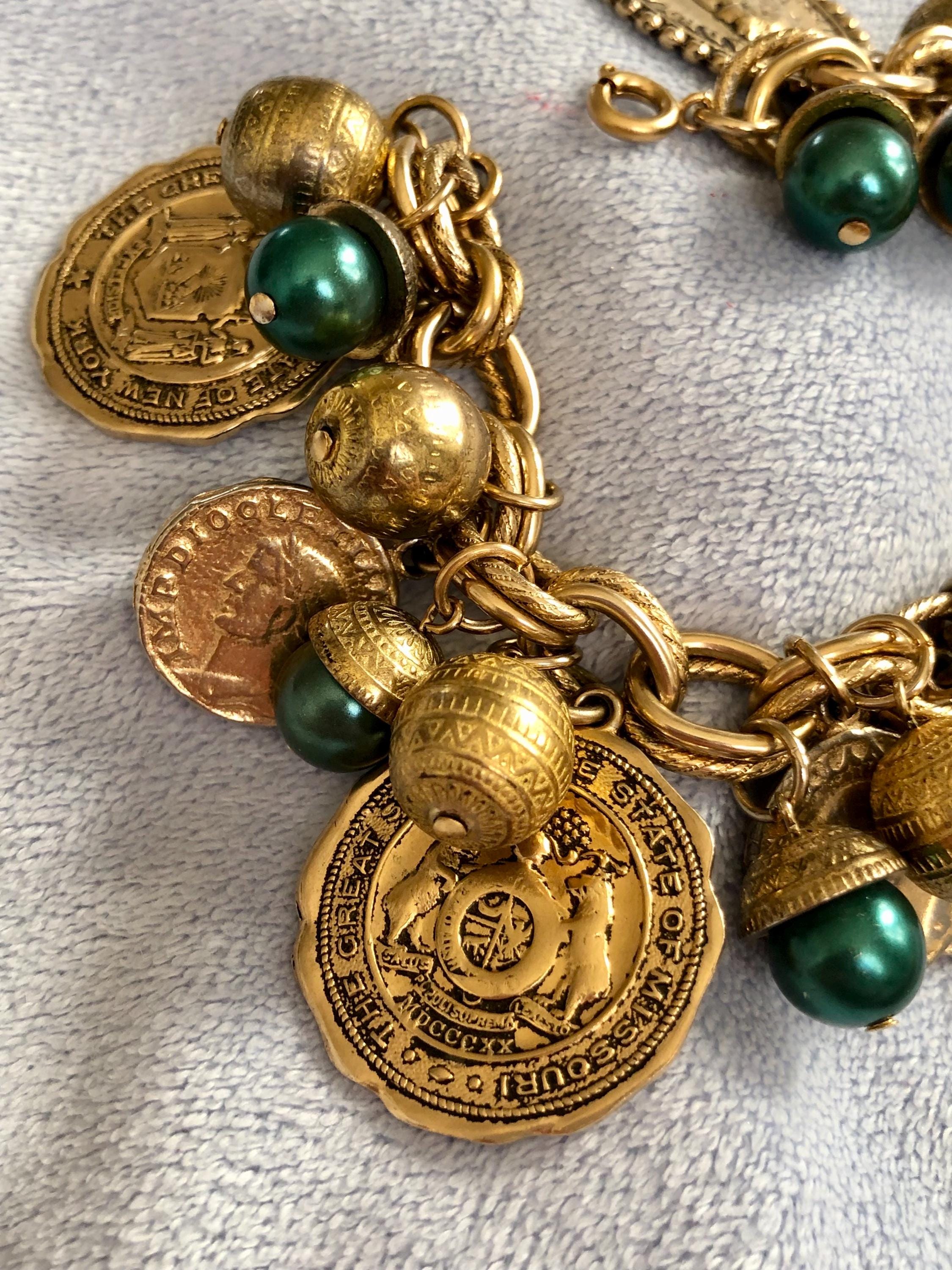 Vintage 1970 Etruscan Faux Coin Green Acorn Charm Bracelet 7.5” - Etsy