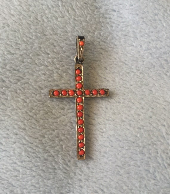 Victorian salmon red coral Cross pendant sterling sil… - Gem