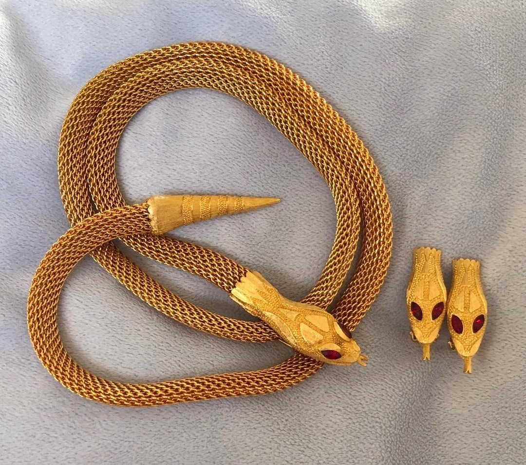 Retro Deco Mesh Chain Open End 3D Snake Necklace W/earrings Red Glass ...