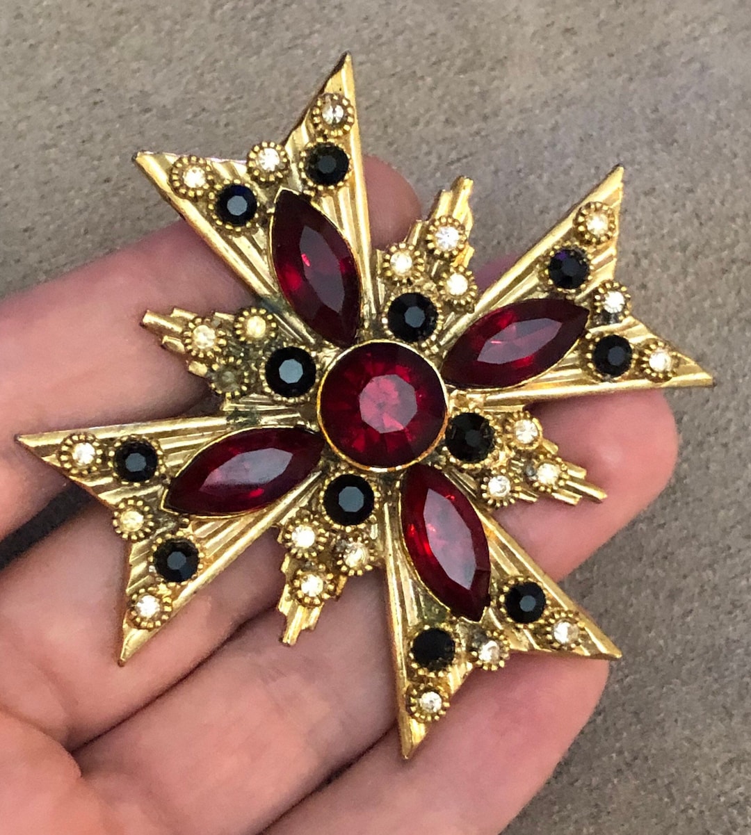 Vintage Large 1960’s Maltese Cross Large Brooch W/red Glass Rhinestones ...