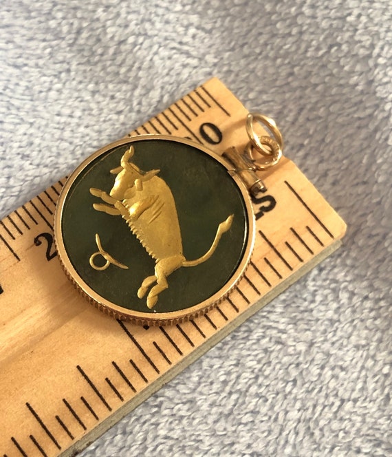 Gold Filled Spinach Jade Taurus Bull Coin Pendant - Gem