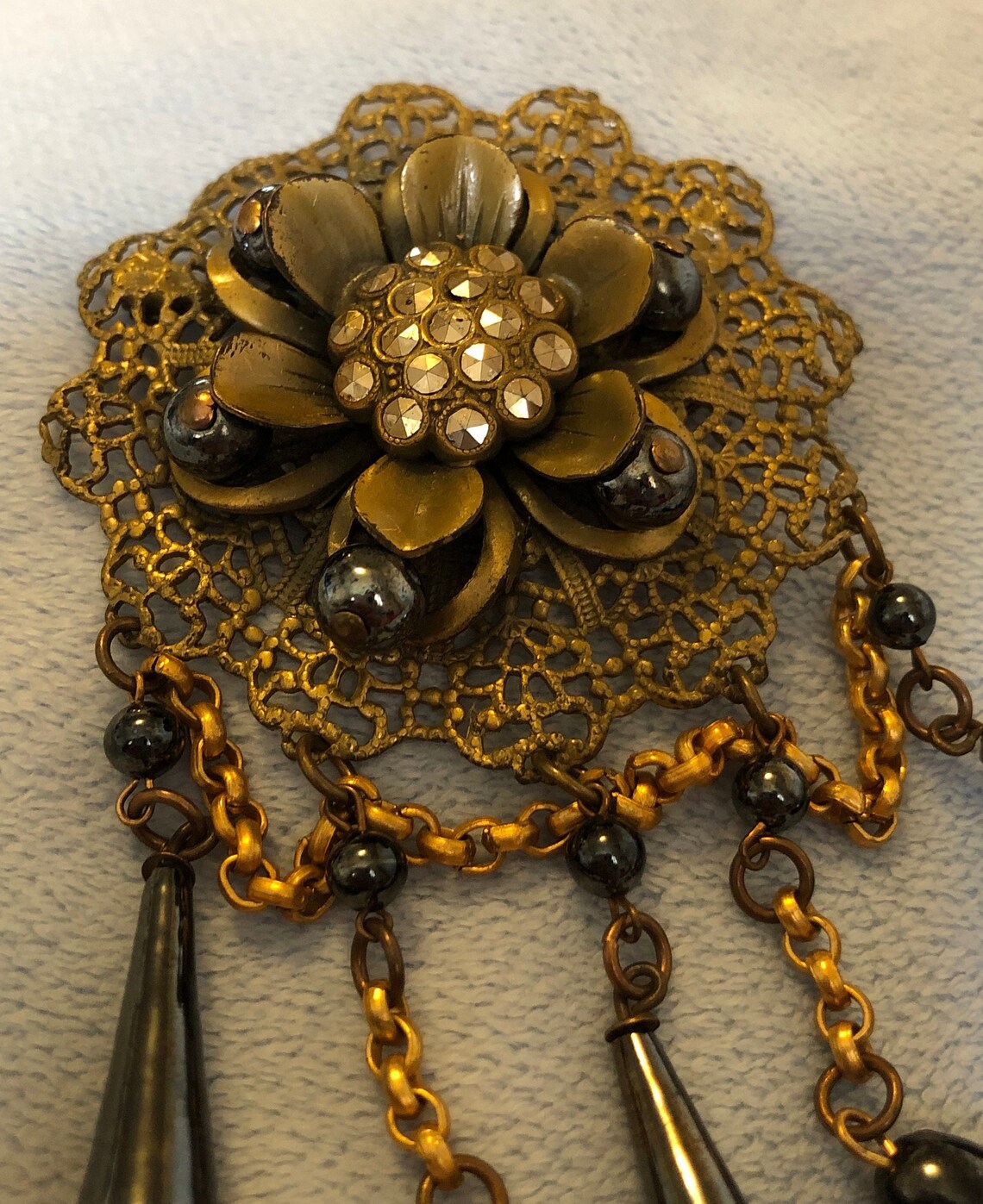 Art Deco Floral Festoon Brooch Pin W/enamel Marcasite Genuine Hematite ...