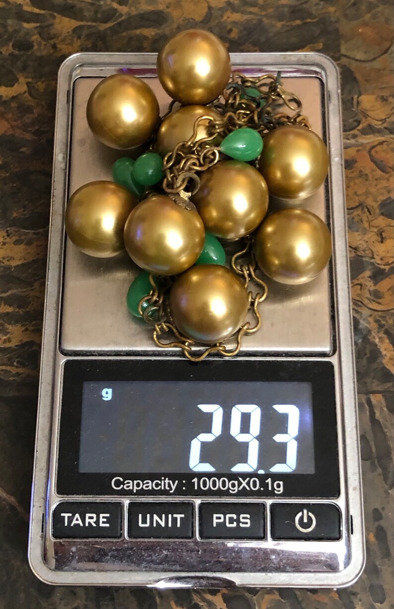 Art Deco 1920's Brass Green Peking Glass W/large Faux Pearls Necklace ...