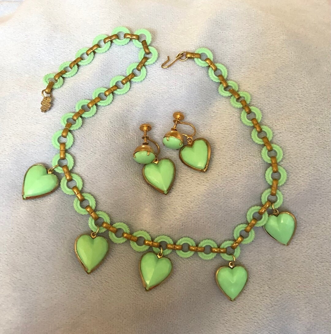 Art Deco Aqua Blue Green Celluloid and Brass Heart Charm Necklace ...