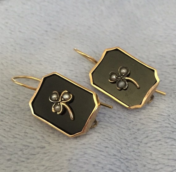 Antique 14K solid Gold Black Onyx seed pearls Clover … - Gem