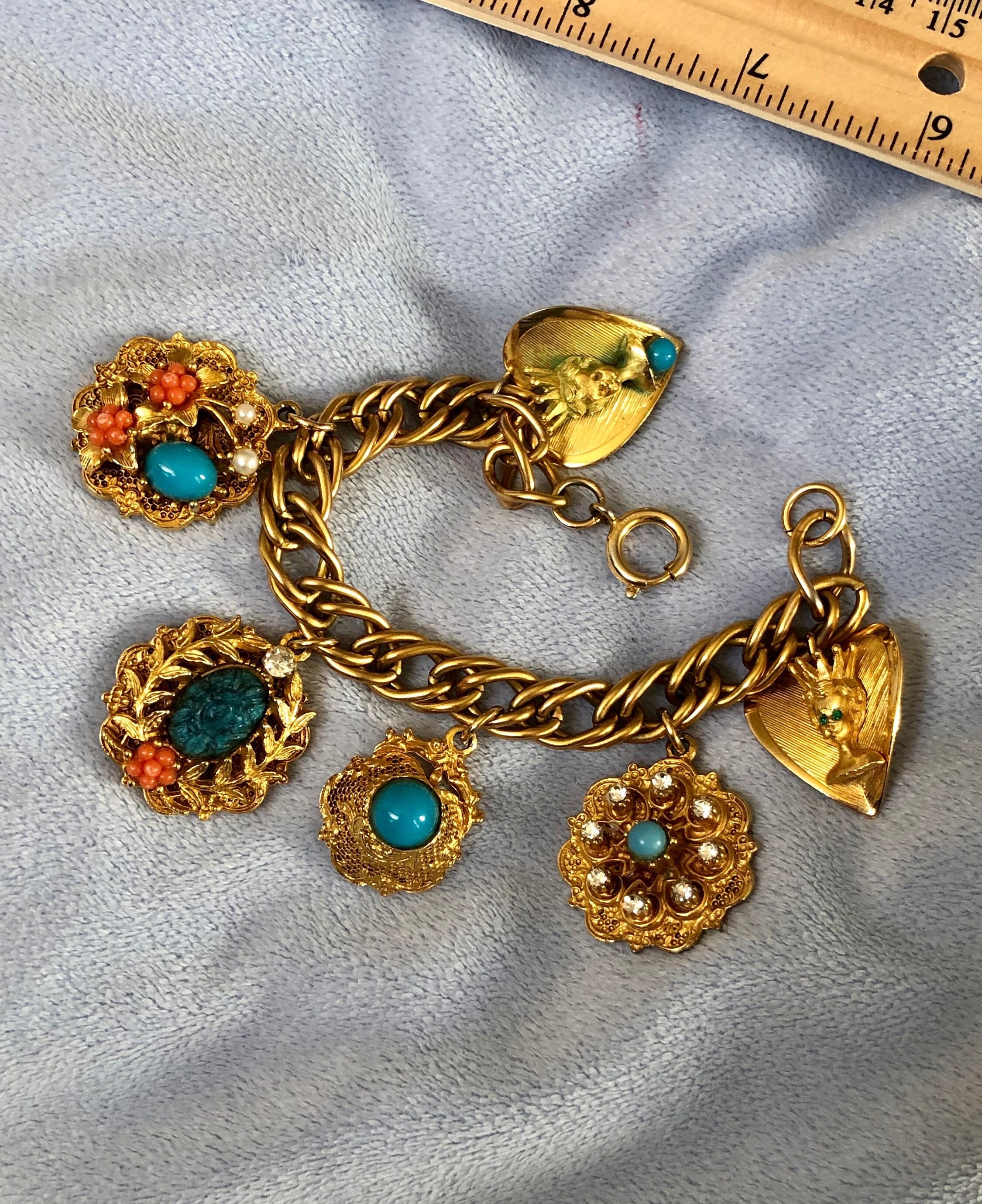 Vintage Germany Charm Bracelet Etruscan Floral and Angel Charms W/faux ...
