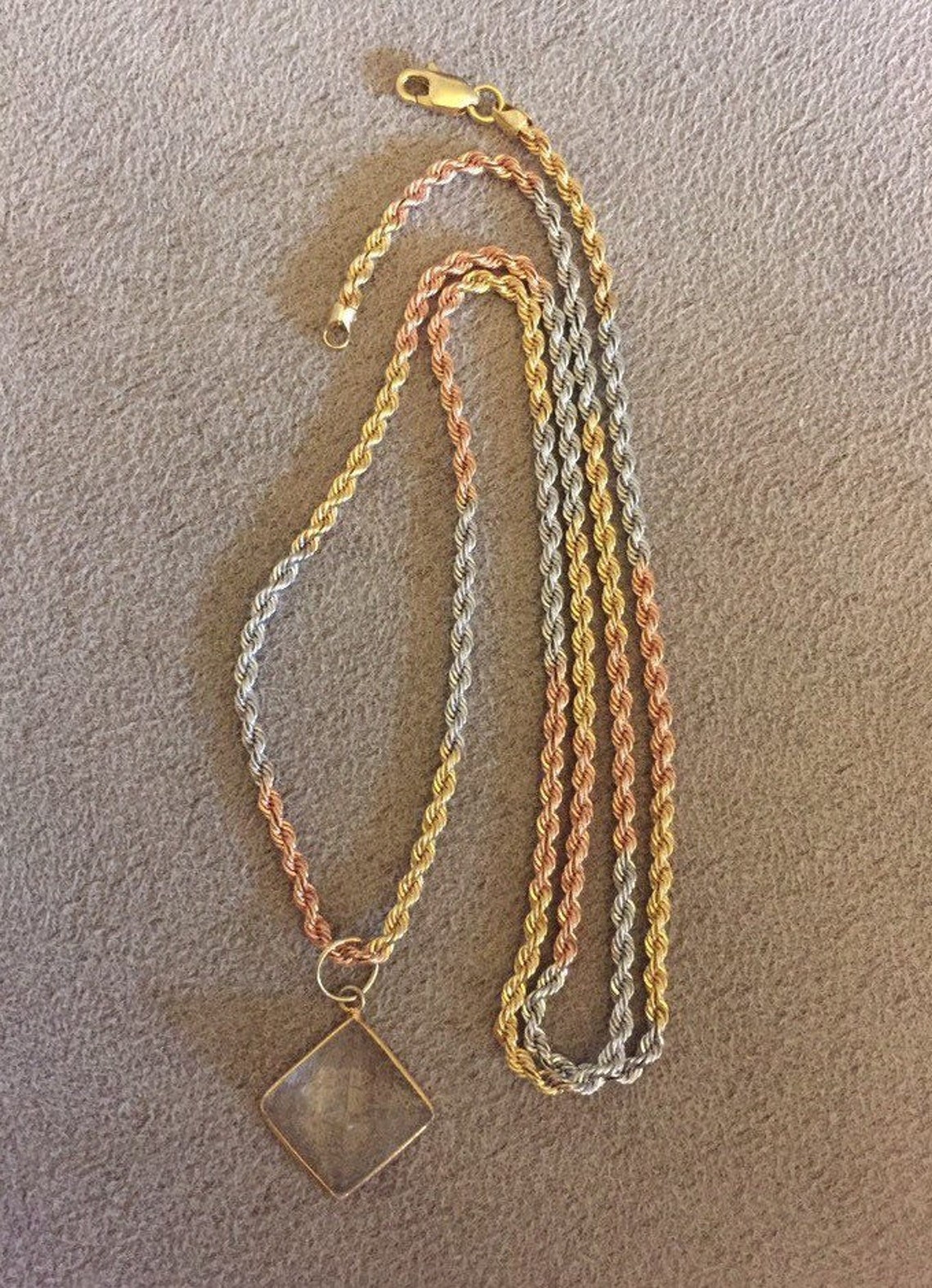 1980s Vintage Multicolor 18K Solid Gold 750 Rope Chain W/pyramid Rock ...