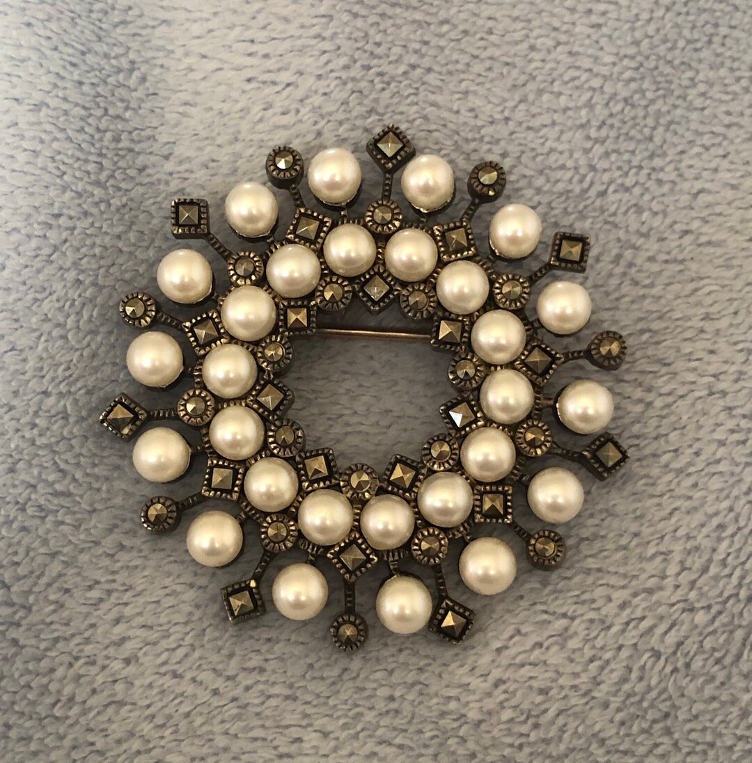 Genuine Pearl and Marcasite Sterling Silver Wreath Brooch Pin - Etsy