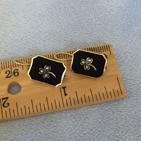Antique 14K solid Gold Black Onyx seed pearls Clover … - Gem