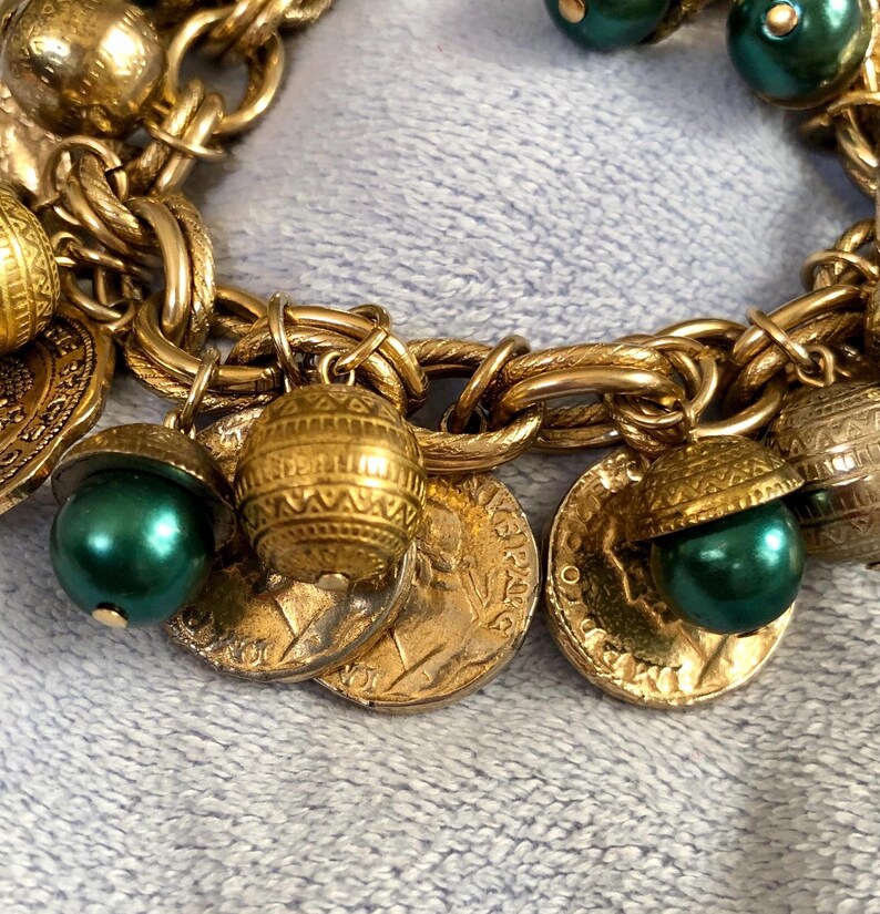 Vintage 1970 Etruscan Faux Coin Green Acorn Charm Bracelet 7.5” - Etsy