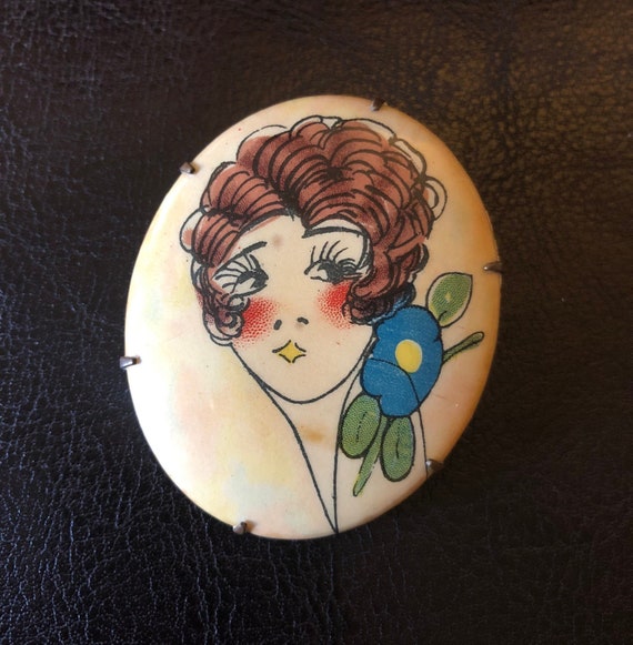 Art Deco 1920 Charming Flapper Celluloid Pin Brooch w… - Gem