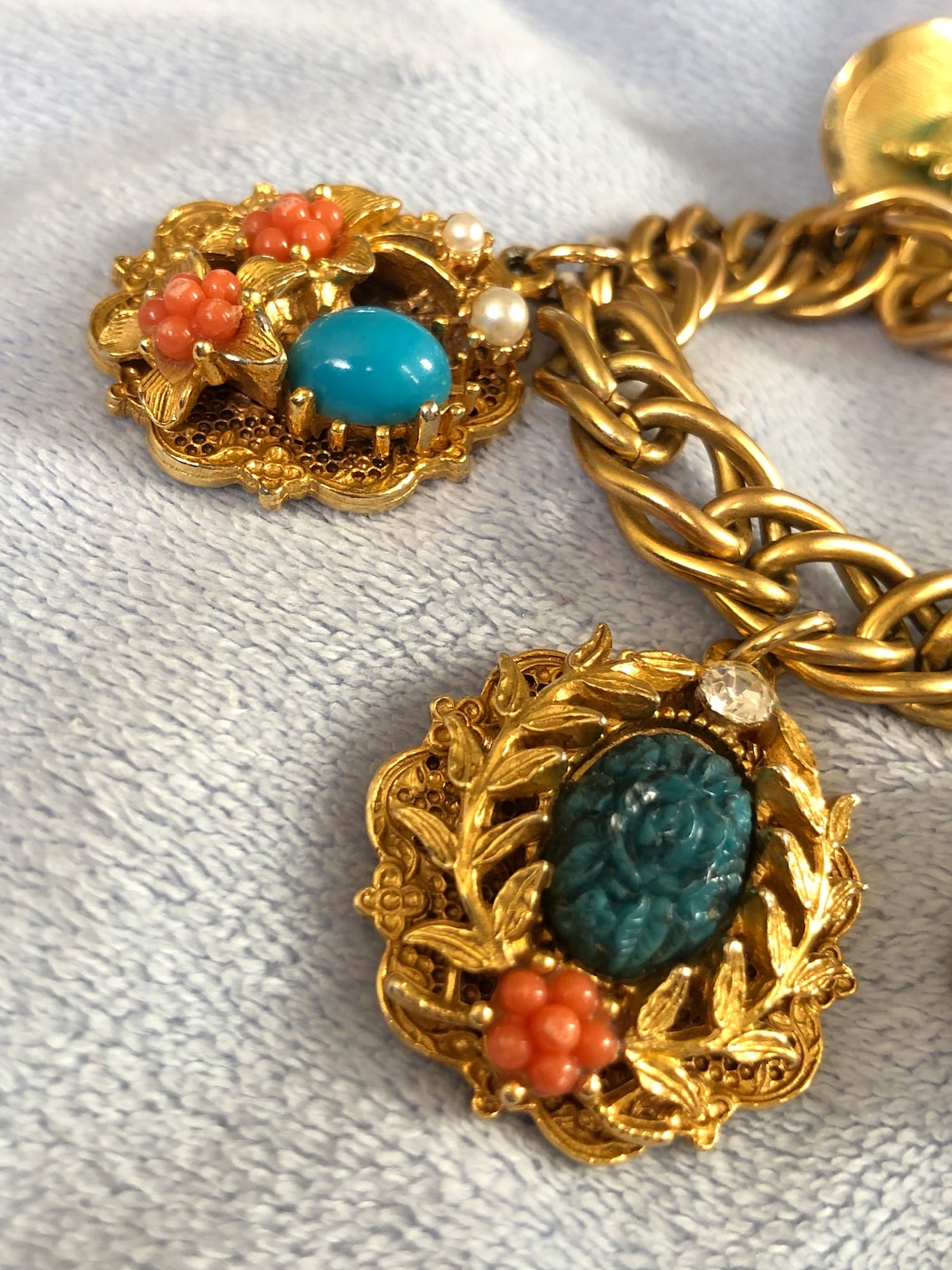 Vintage Germany Charm Bracelet Etruscan Floral and Angel Charms W/faux ...