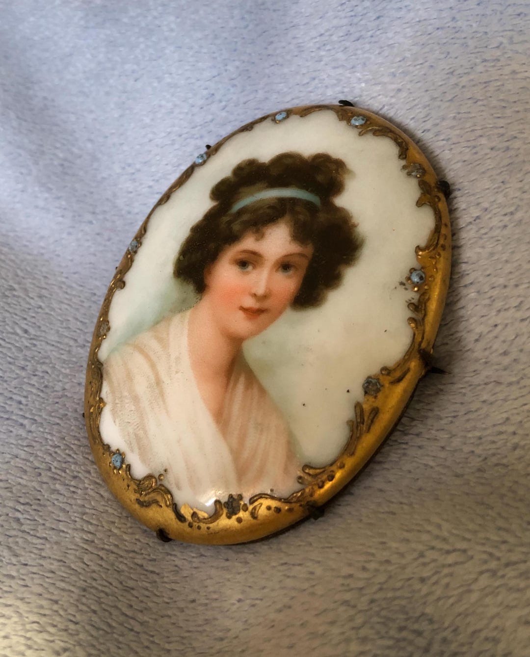 Victorian Large Hand Painted Porcelain Portrait Brooch Pin W/charming ...