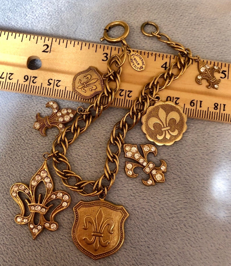 Vintage Catherine Popesco France Fleur De Lis Charm Bracelet W/hand Set ...