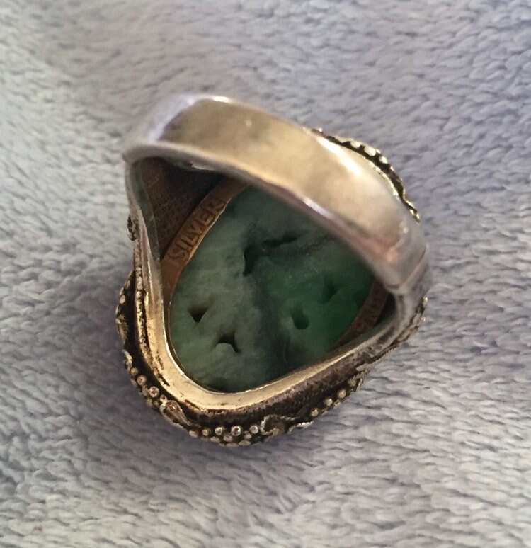 Antique Chinese Export Sterling Silver Ring W/carved Jade Bird & Grapes ...