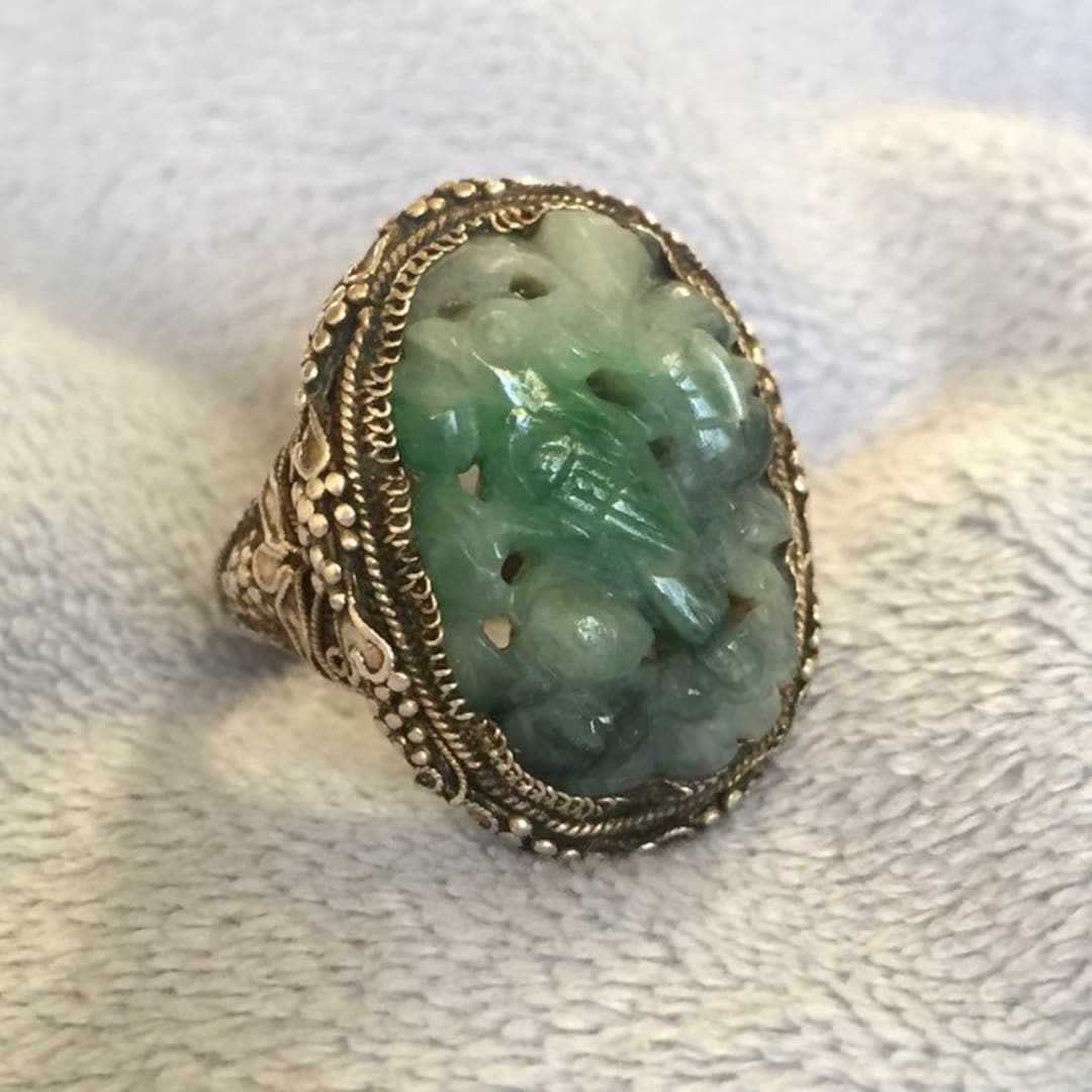 Antique Chinese Export Sterling Silver Ring W/carved Jade Bird & Grapes ...