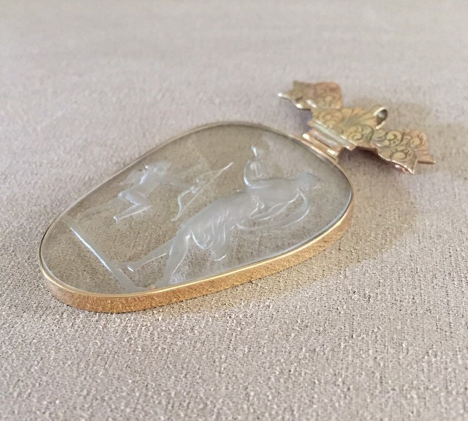 Charming Victorian Rock Crystal 14K Gold Pendant Brooch Carved Cherub ...