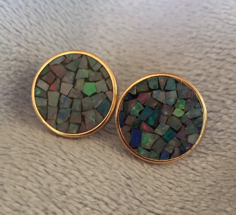 Vintage Australian Fire Doublet Opal Mosaic Inlay 14k Yellow Gold Stud ...