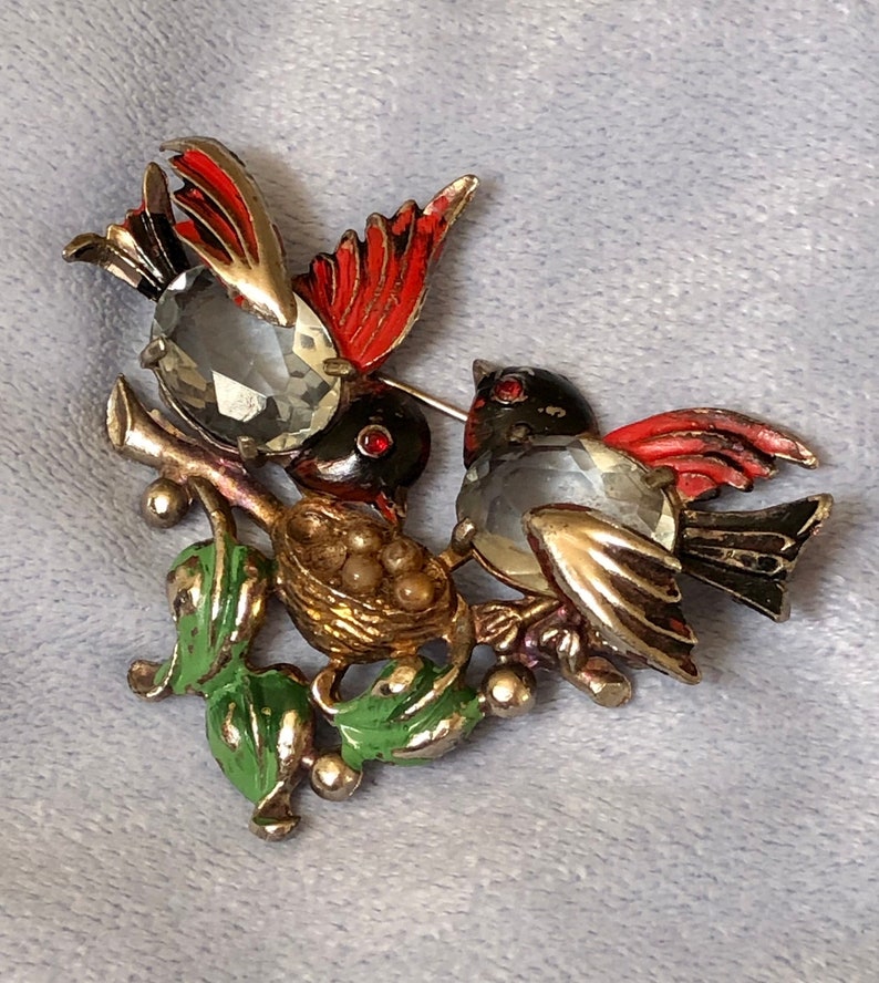 Fred Gray Art Deco Red Birds on Egg Nest Brooch - Etsy
