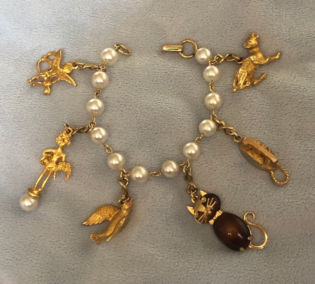 Vintage 1966 Marked Hob Co Charm Bracelet W/hob Co Charms Kitten Bird ...