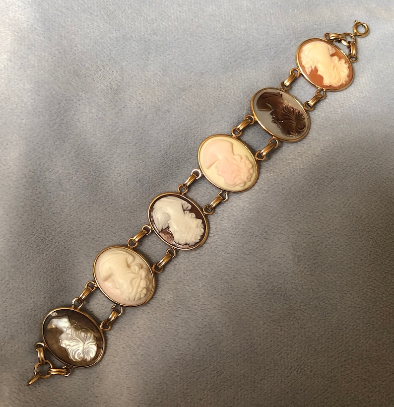 1930-1940 Van Dell 12K Gold Filled Cameo Bracelet Coral & Shell Cameo ...