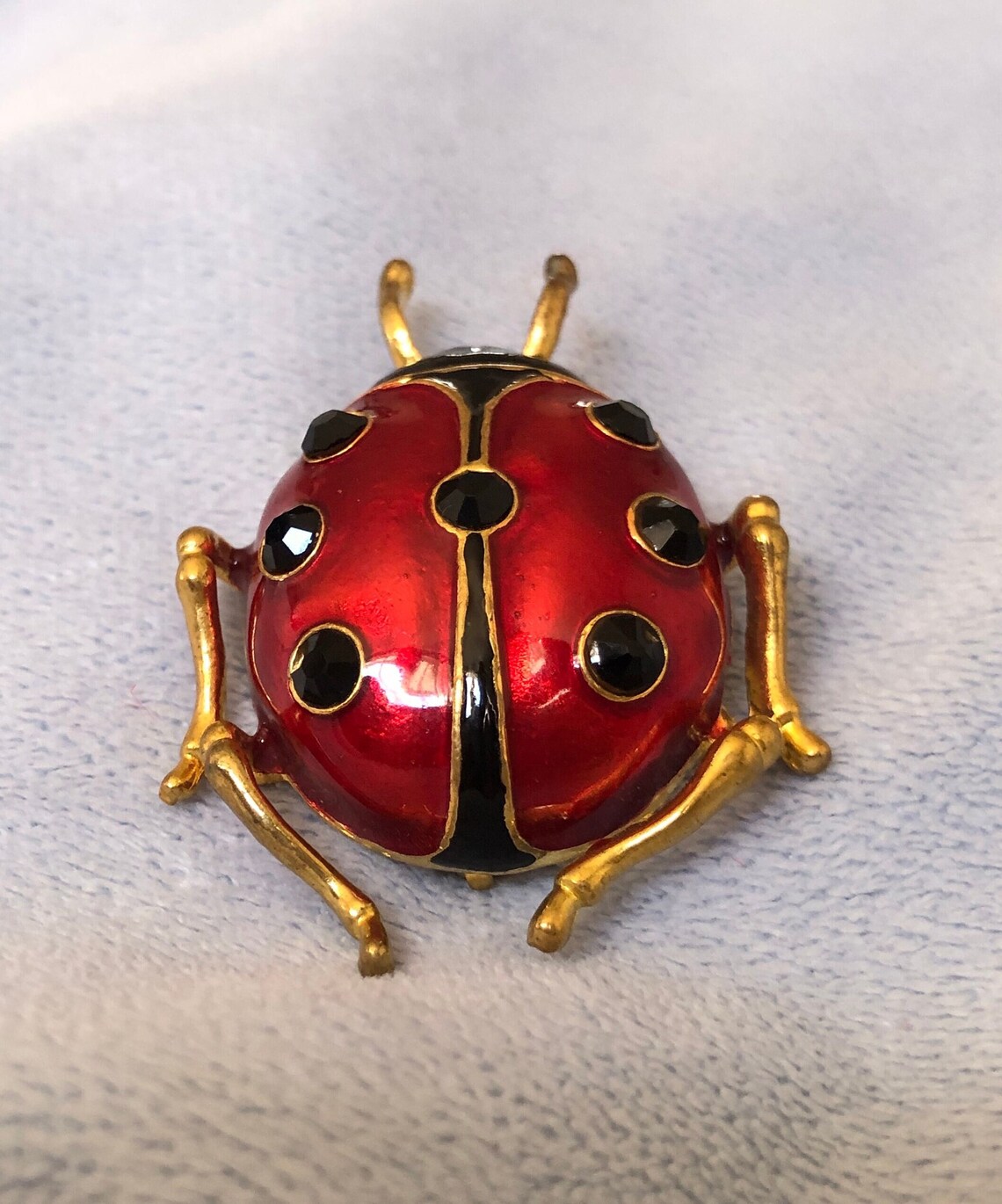 Vintage RMN Signed Ladybug Brooch, Red Enamel With Faceted Black Glass ...