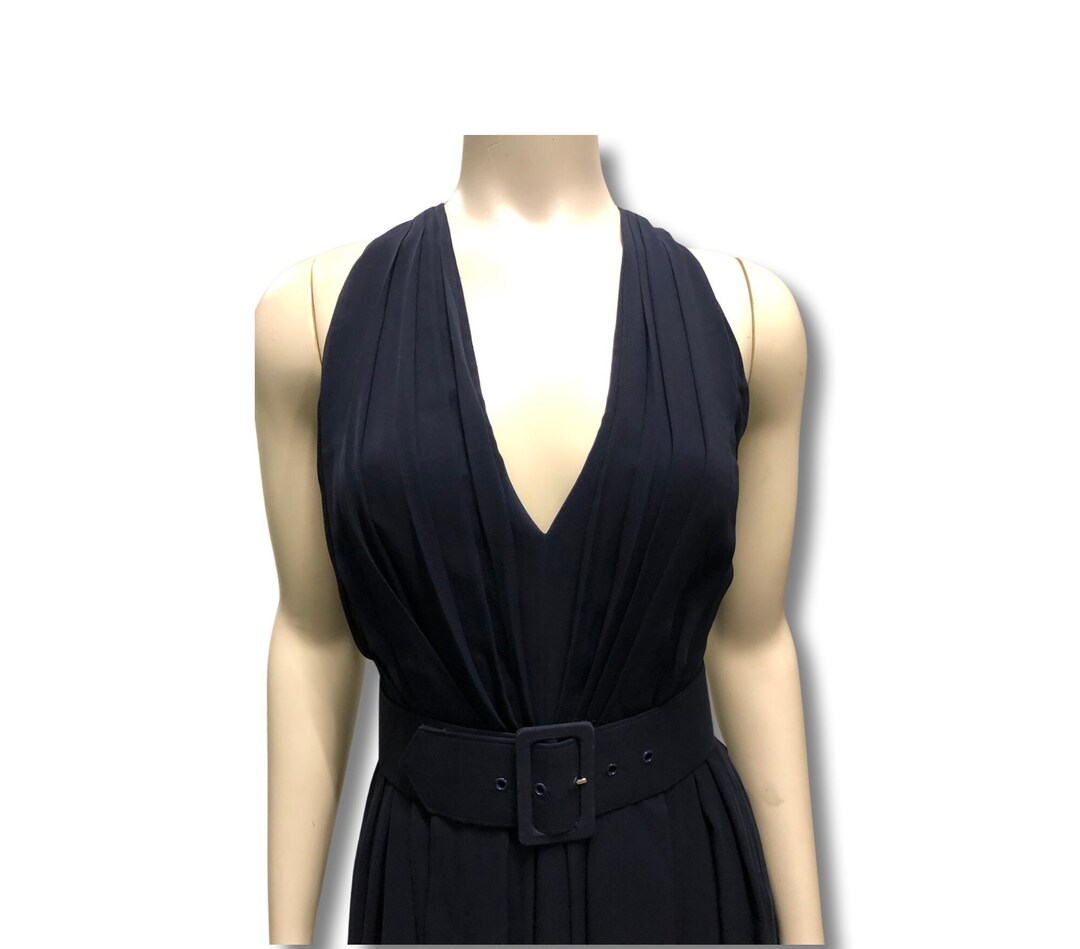 Vintage St Gillian Navy Silk Flowy A Line Deep V Marilyn Monroe Dress 4 ...