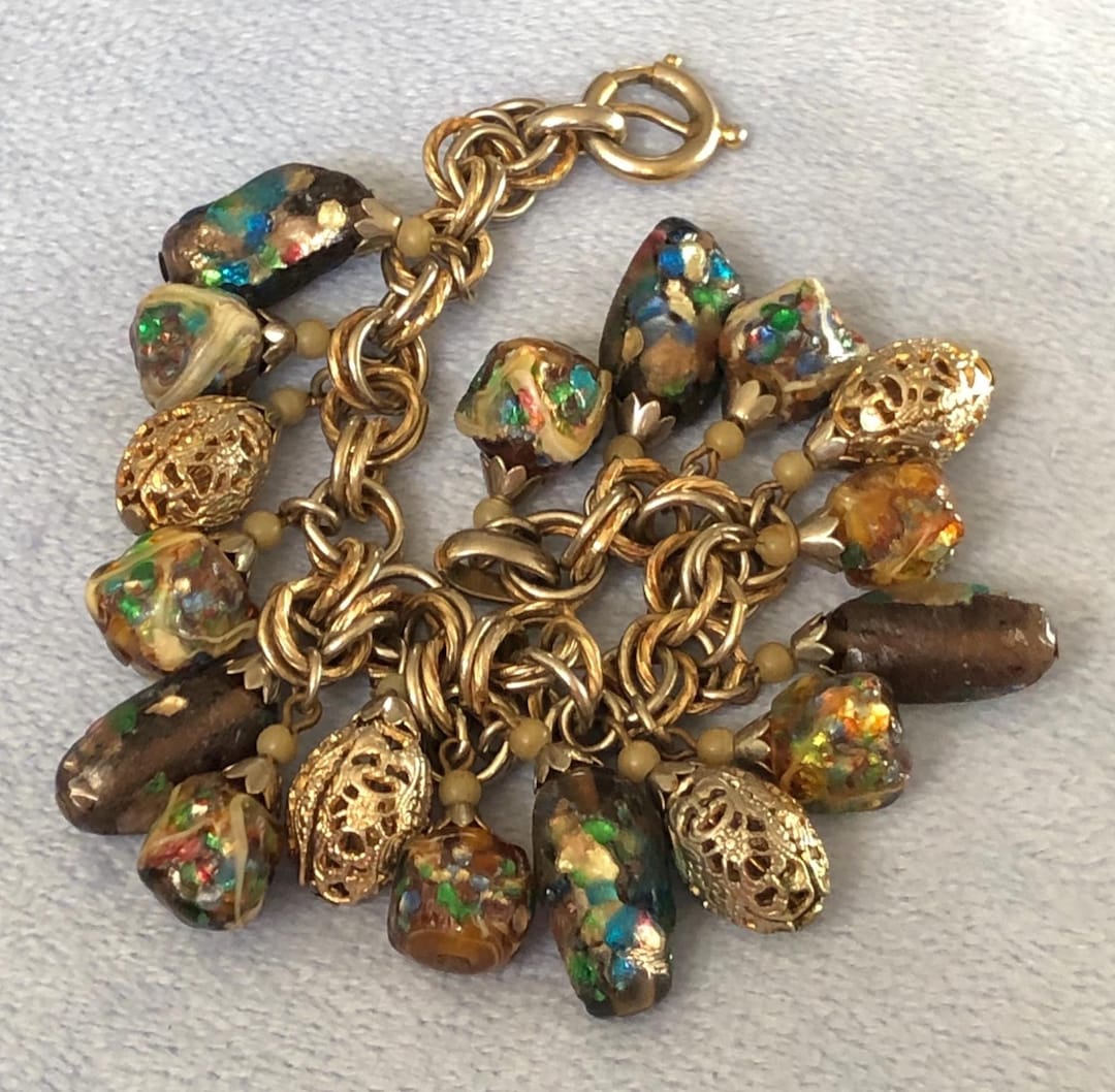 Napier Filigree Dichroic Glass Charm Bracelet Double Link Chain W/large ...