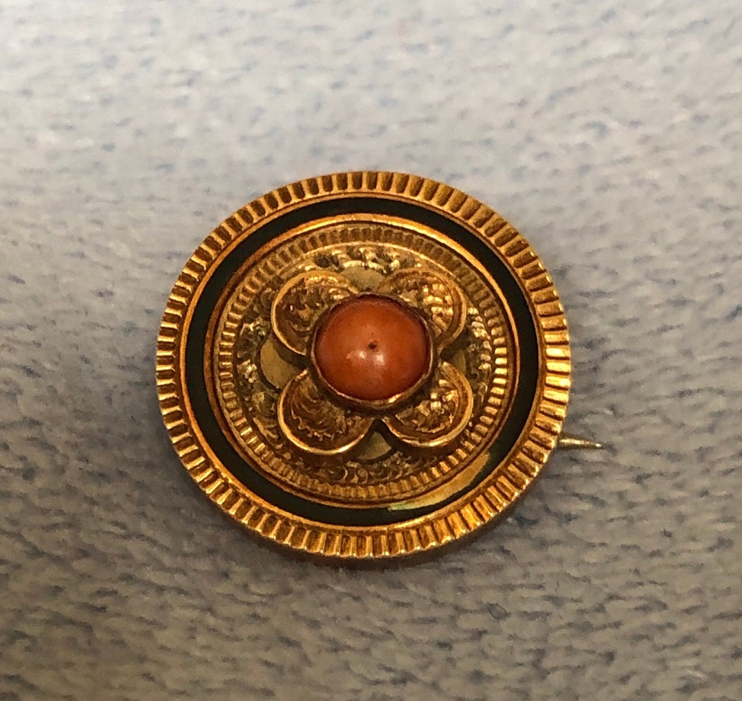 Victorian 14K Gold Coral C Clasp Pin Taille D’ Epargne Chatelaine ...